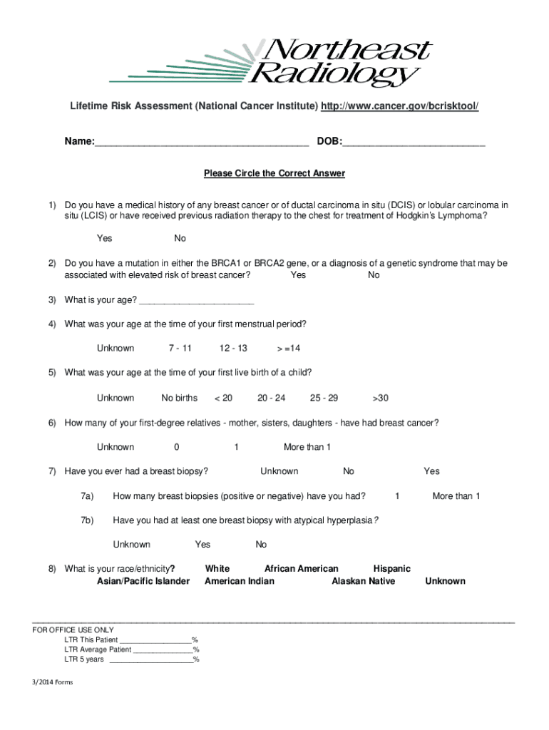 Fillable Online About the Calculator: The Breast Cancer Risk Assessment ...