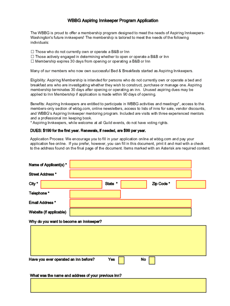 Fillable Online 1 WIIN Aspiring Innkeeper Program Application Name of ...