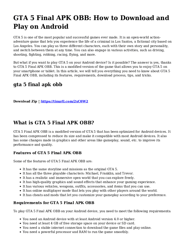 Fillable Online GTA 5 APK 1.4 Version Mobile Download Full Game Offline ...