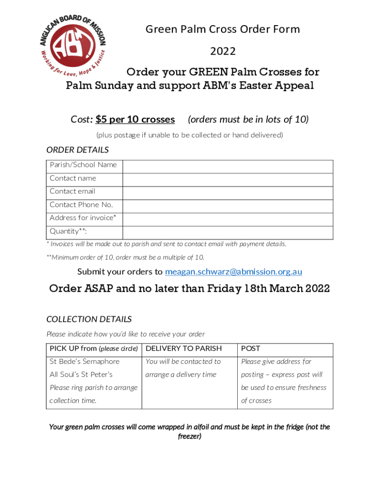 Fillable Online ABM Green Palm Cross order form Fax Email Print - pdfFiller