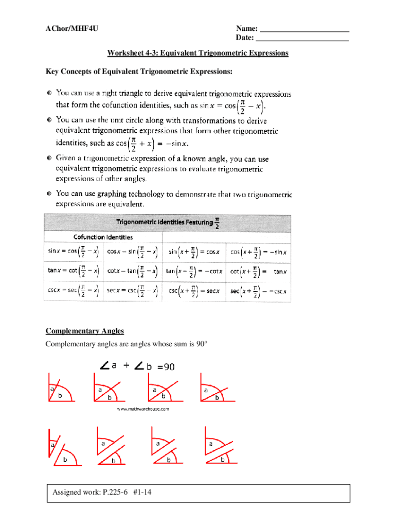 Fillable Online Worksheet 4-3: Equivalent Trigonometric Expressions Fax ...