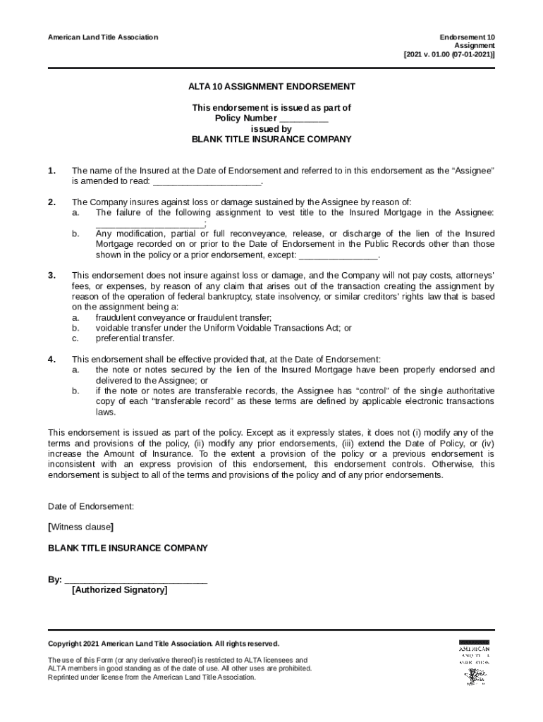 ALTA ENDORSEMENT 10.1-06 Assignment and Date Down Doc Template | pdfFiller