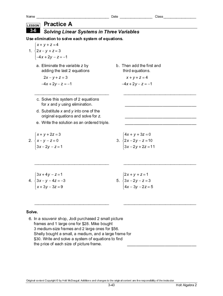 Fillable Online Solving Linear Systems in Three Variables Practice Test ...