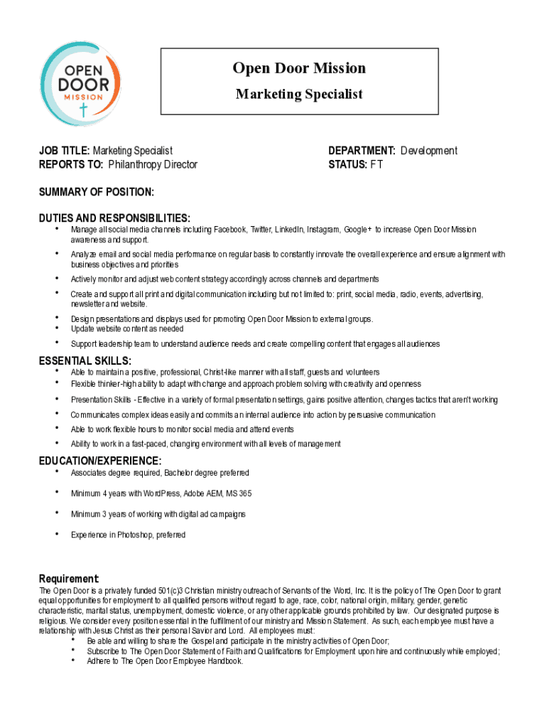 Fillable Online Marketing Specialist Job Description Sample Template Fax Email Print - pdfFiller