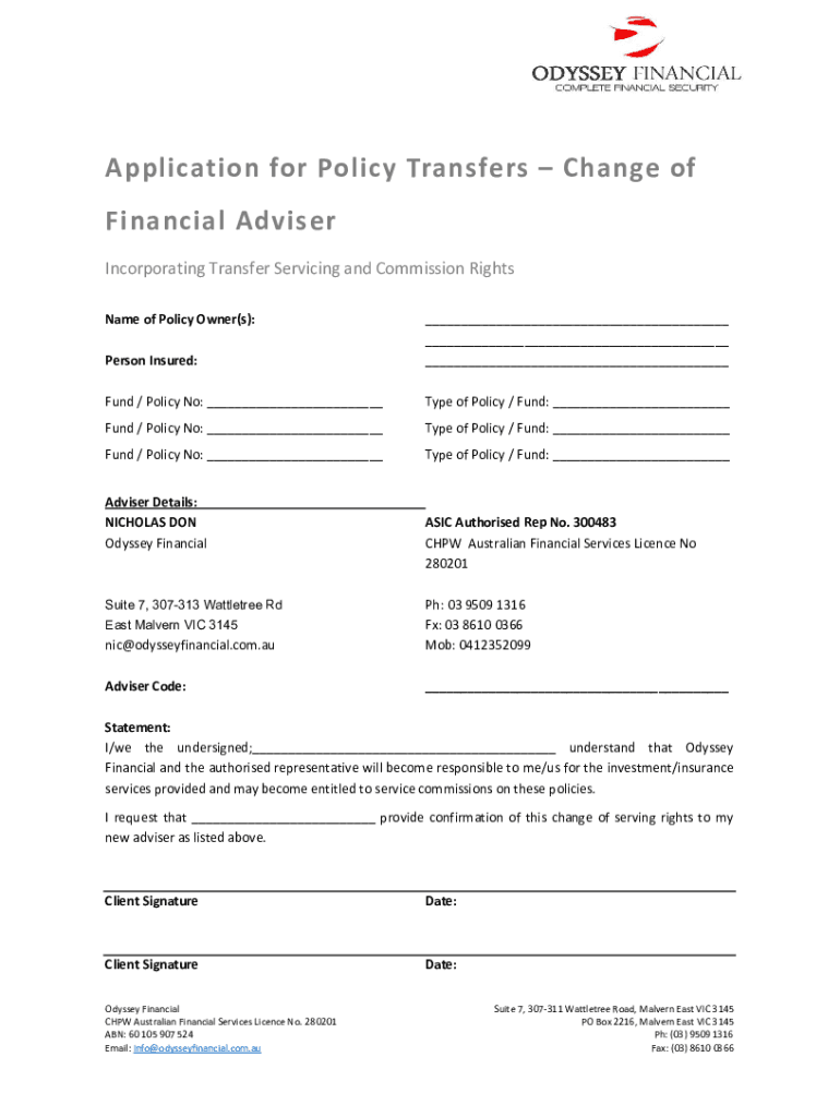 Fillable Online Nic - Odyssey Policy Transfer Form Fax Email Print ...