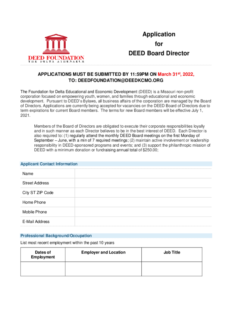 Fillable Online Application for DEED Board Director Fax Email Print ...