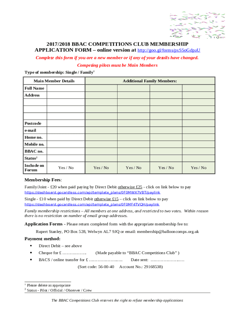 BBAC Competitions Club membership Doc Template | pdfFiller