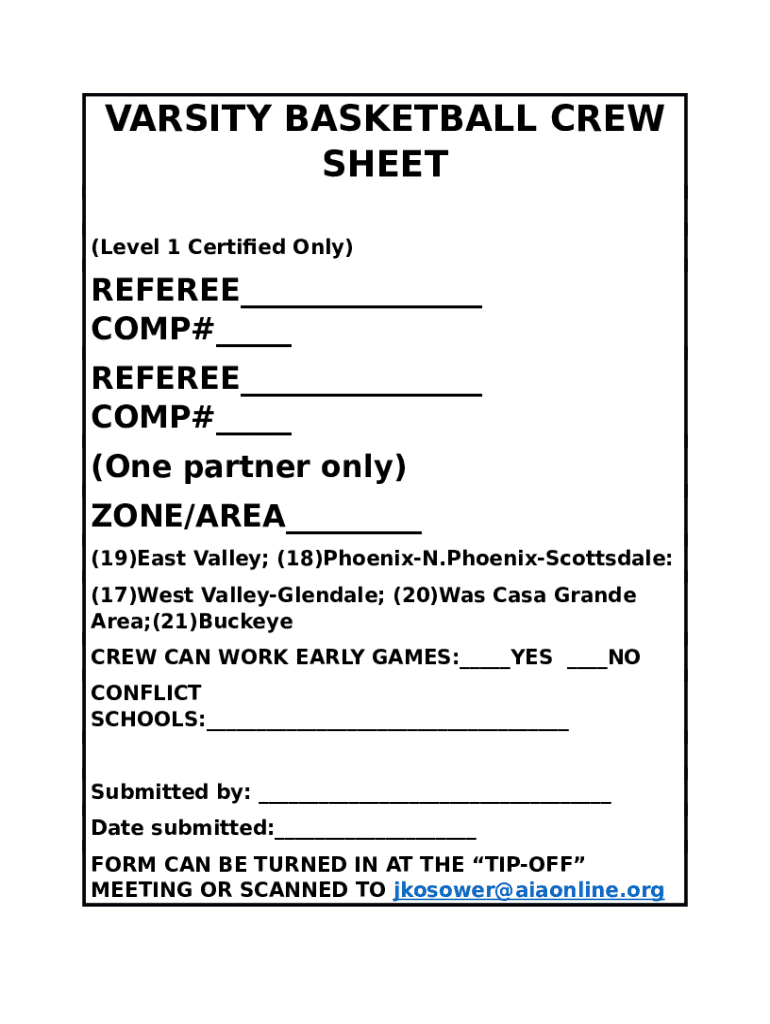 Basketball - Varsity Crew Sheet Doc Template | pdfFiller