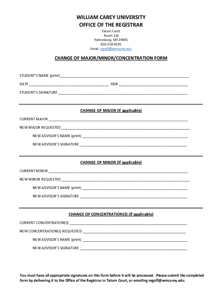 Fillable Online indigo wmcarey change of major/minor/concentration form Fax Email Print - pdfFiller