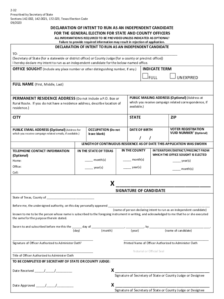 Fillable Online DECLARATION OF INTENT TO RUN AS ... Fax Email Print ...