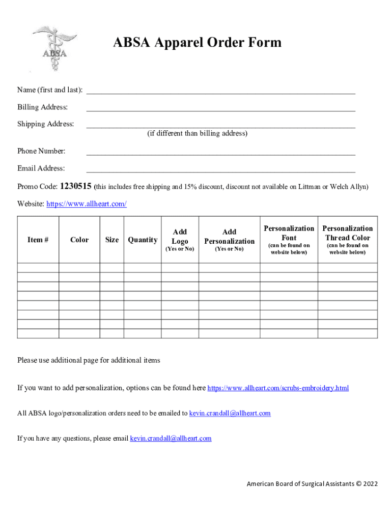 Fillable Online ABSA Apparel Order Form Fax Email Print - pdfFiller