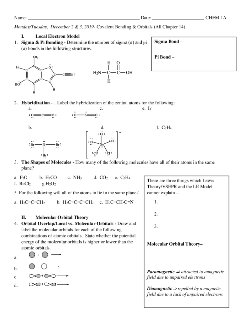 Fillable Online Covalent Bonding & Orbitals (All Chapter 14) I. Local ...