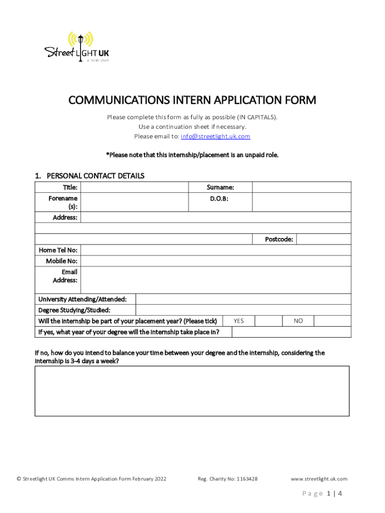 Fillable Online Streetlight UK Research Student Intern Application Form Fax Email Print - pdfFiller