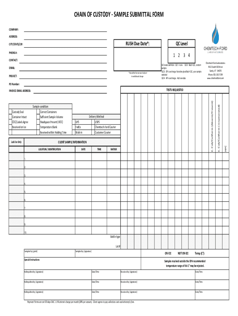 Fillable Online Page 1 of 1 Chain of Custody Form for General Sample ...