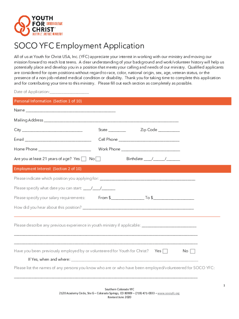Fillable Online SOCO YFC Employment Application - Colorado Springs Fax Email Print - pdfFiller