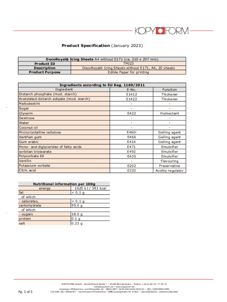 Fillable Online Product Specification DecoRoyal Icing Sheets.xlsx Fax Email Print - pdfFiller