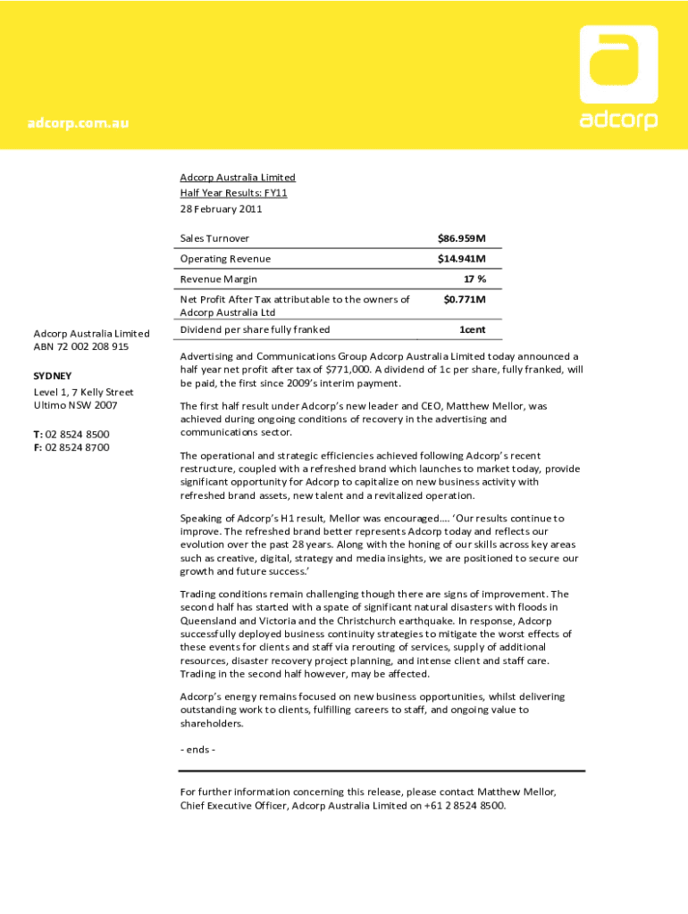 Fillable Online Adcorp Australia Limited Half Year Results Fax Email ...