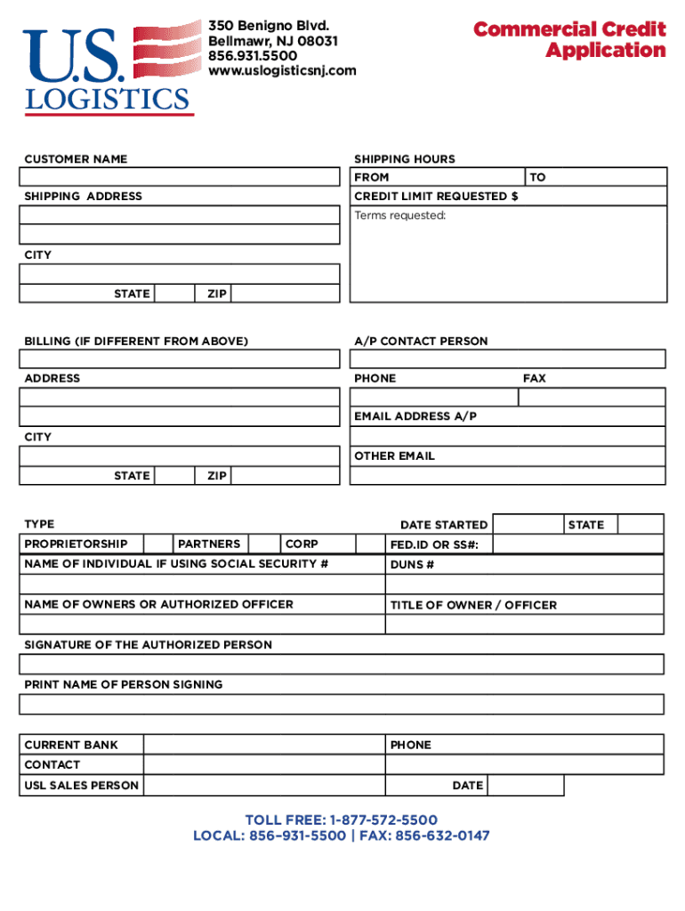Fillable Online Commercial Credit ApplicationU.S. Logistics Fax Email ...