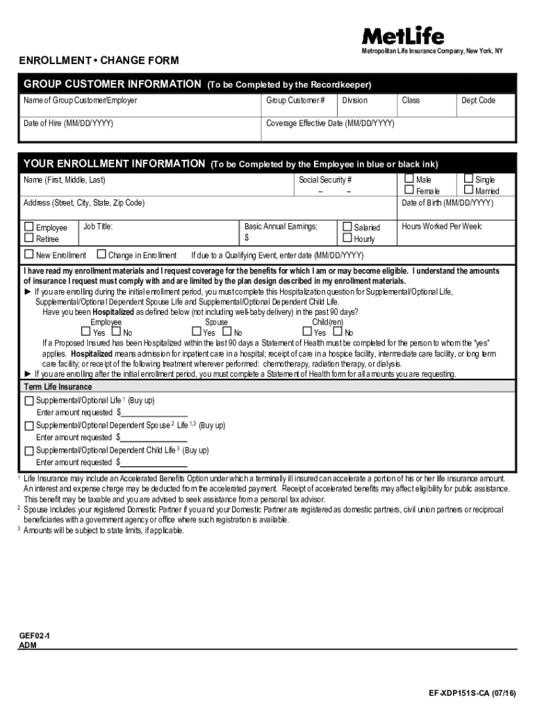 Fillable Online Metropolitan Life Insurance Company Enrollment Fax ...