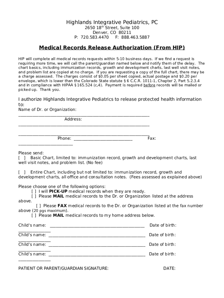 Medical Records Release Authorization (To HIP) Doc Template | pdfFiller