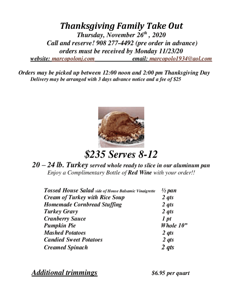 Fillable Online Where To Order Thanksgiving Takeout In New York City ...