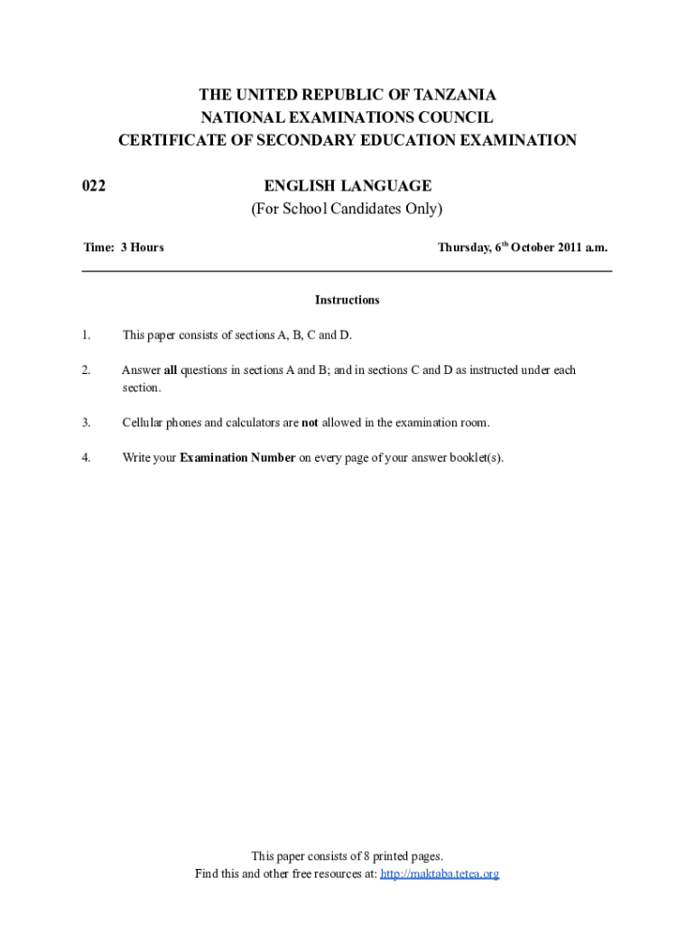 Form Four English Past Papers - Fill Online, Printable, Fillable, Blank | pdfFiller