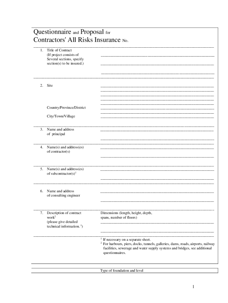 Fillable Online Questionnaire and Proposal for Contractors' All Risks ...