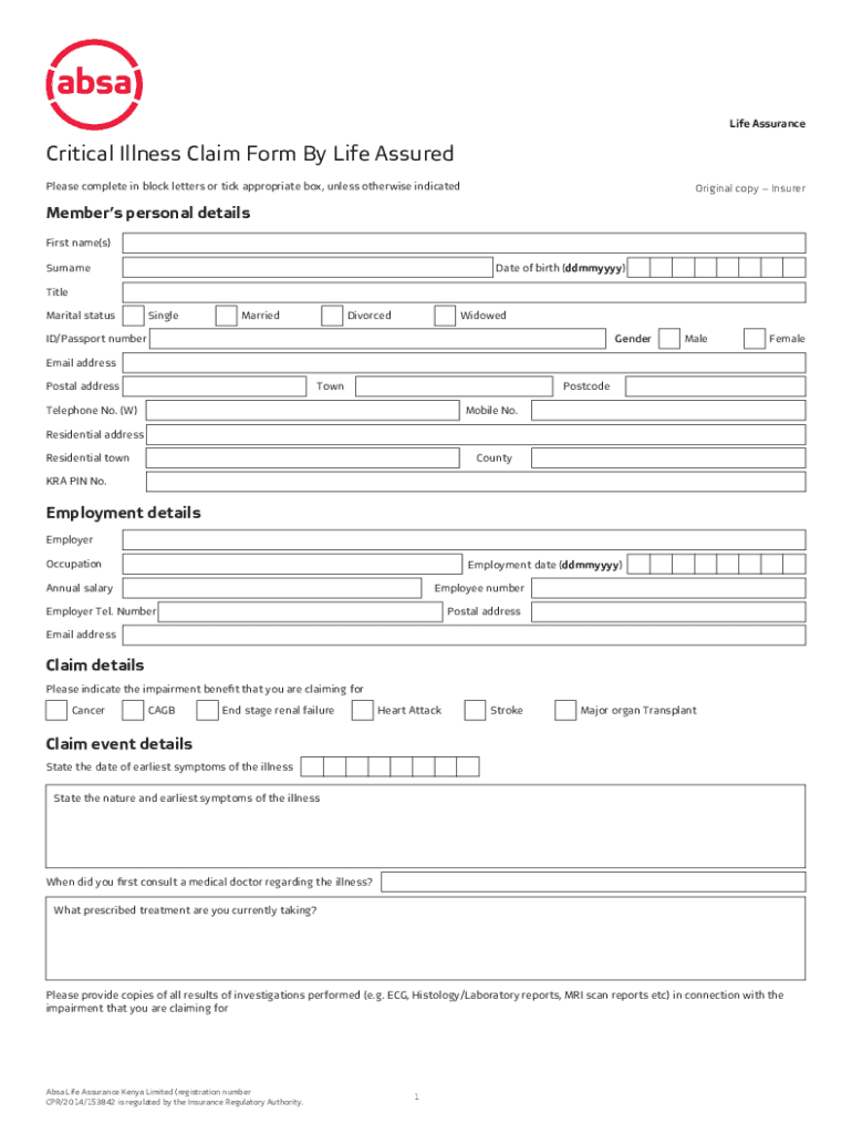 Fillable Online ALAK Critical Illness Claim Form By Life Assured Fax ...