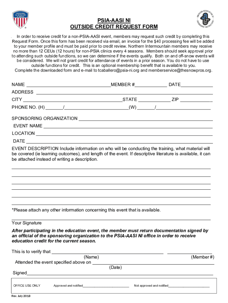 Fillable Online PSIA/AASI-E EDUCATION CREDIT REQUEST FORM Fax Email ...