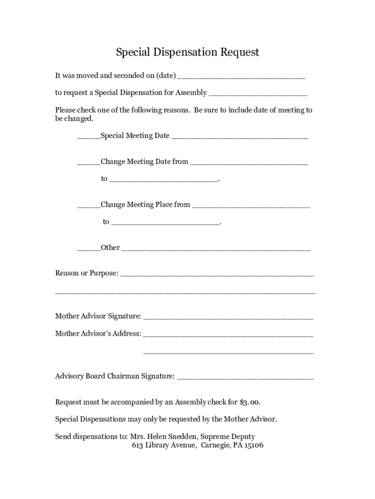 Fillable Online Special Dispensation Request Fax Email Print - pdfFiller