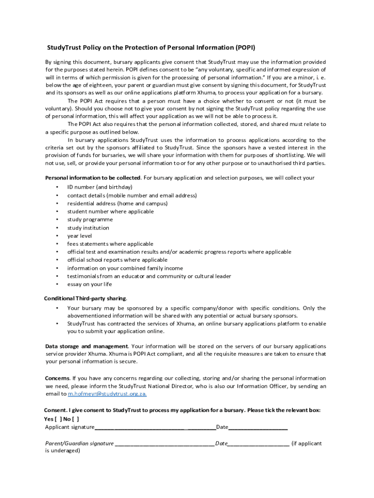 Fillable Online StudyTrust POPIA Concent Form For Bursary Applications ...