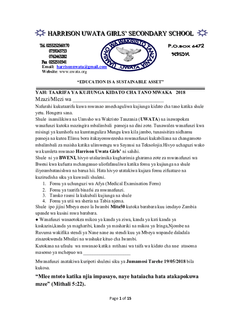 Fillable Online TAARIFA YA KUJIUNGA KIDATO CHA TANO ... Fax Email Print - pdfFiller