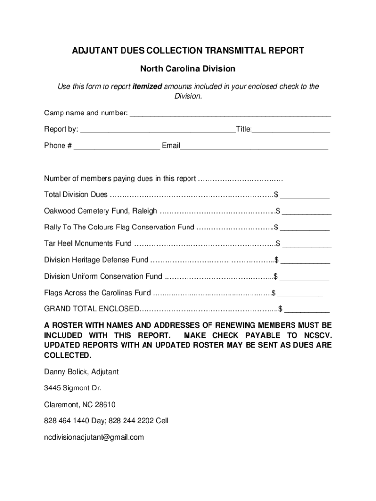 Fillable Online ADJUTANT DUES COLLECTION TRANSMITTAL REPORT Fax Email ...