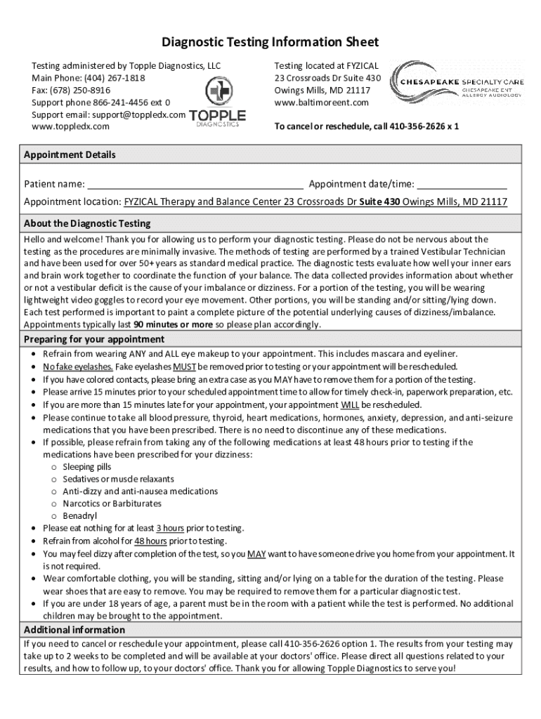 Fillable Online Diagnostic Testing Information Sheet Fax Email Print ...