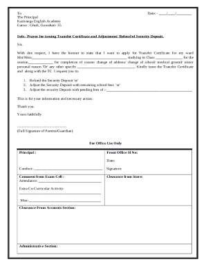 Sub:- Prayer for issuing Transfer Certificate and Adjustment/ Refund of Security Deposit Doc ...