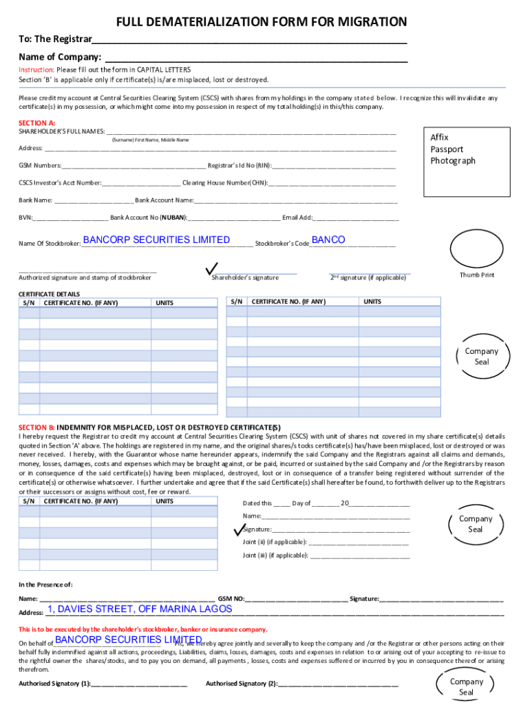 Fillable Online Dematerialization Form - Fill Online, Printable, Fillable, Blank ... Fax Email ...