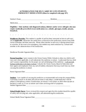 Authorization for Self-Carry Medication.English Doc Template | pdfFiller