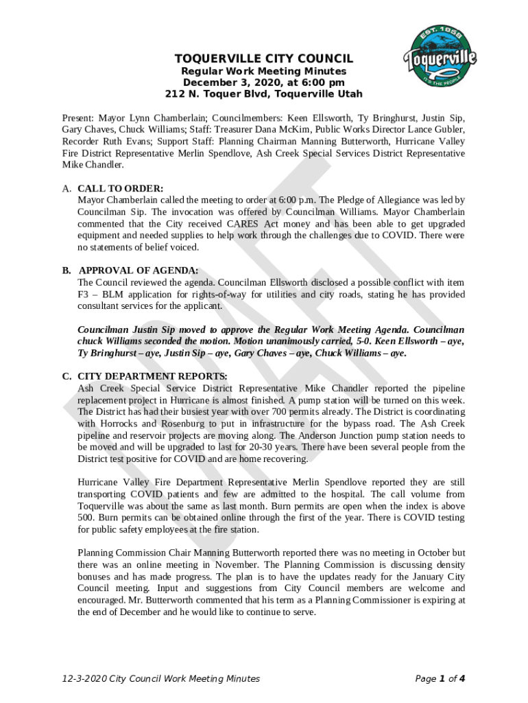 Body: Toquerville City Council Doc Template | pdfFiller