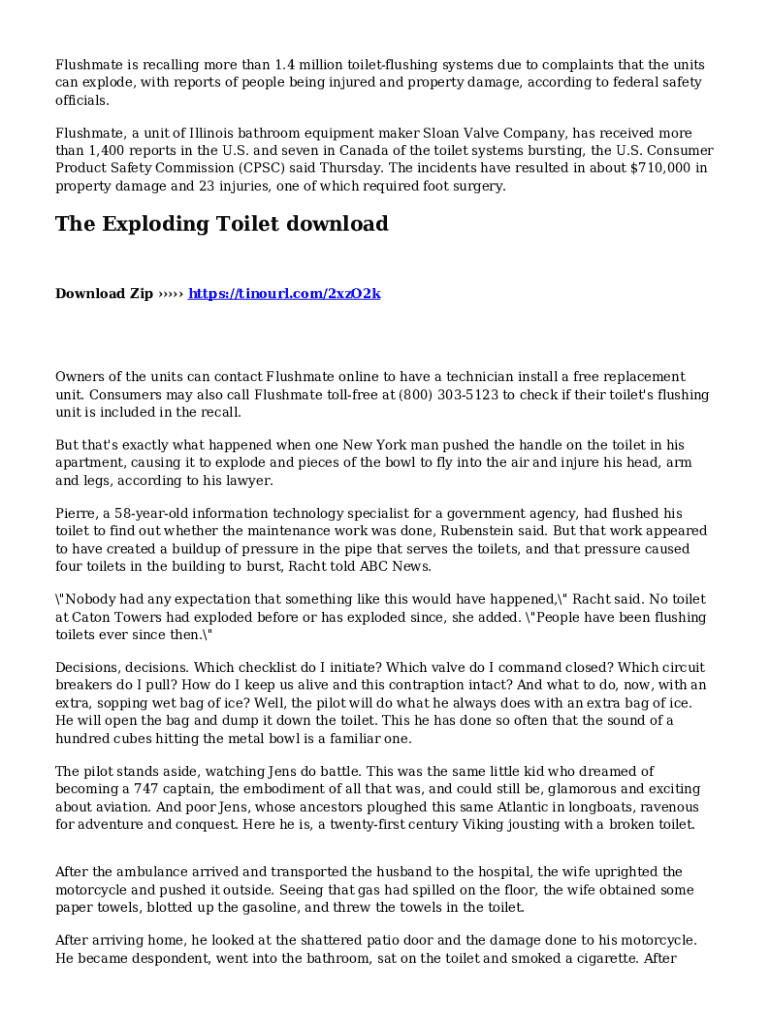 Fillable Online Exploding toilet tank complaints leads to massive ...