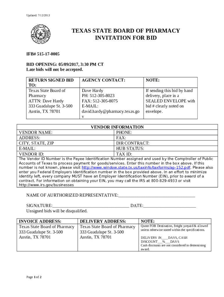 texas state board of pharmacy invitation for bid Doc Template | pdfFiller