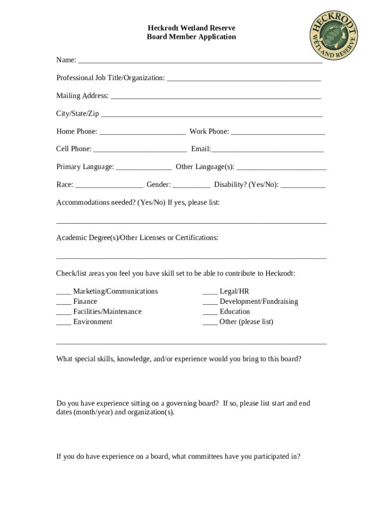 HWR Board Member Application and Questionnaire Doc Template | pdfFiller