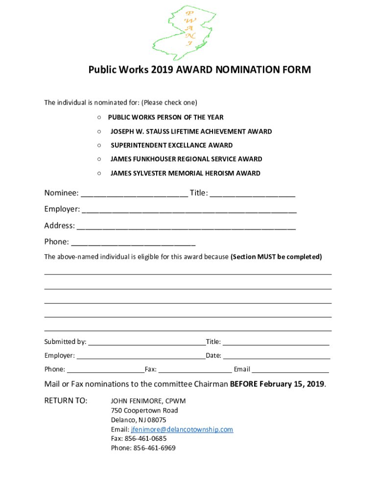 Fillable Online PWANJ RECOGNITION AWARDS NOMINATION FORM.docx Fax Email Print - pdfFiller