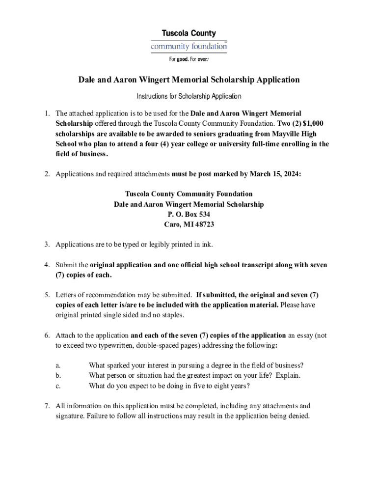 Fillable Online Dale and Aaron Wingert Memorial Scholarship Application ...