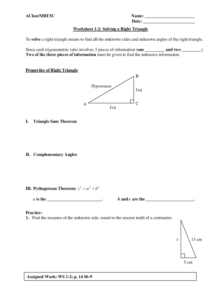 Fillable Online Right Triangle Trig Finding Missing Sides And Angles