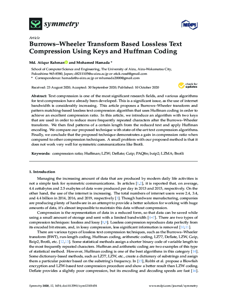 Fillable Online BurrowsWheeler Transform Based Lossless Text ... Fillable Online BurrowsWheeler Transform Based Lossless Text ...
