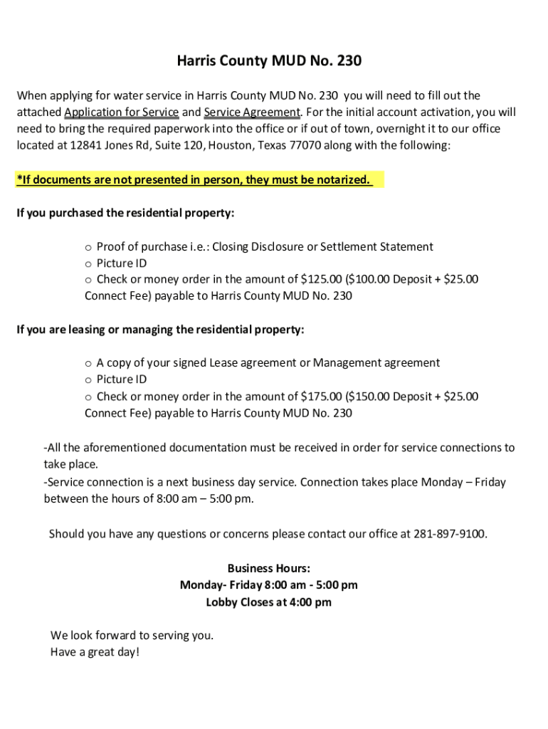 Fillable Online Harris County Mud 230 - Contact, Pay Bill, Start or ...