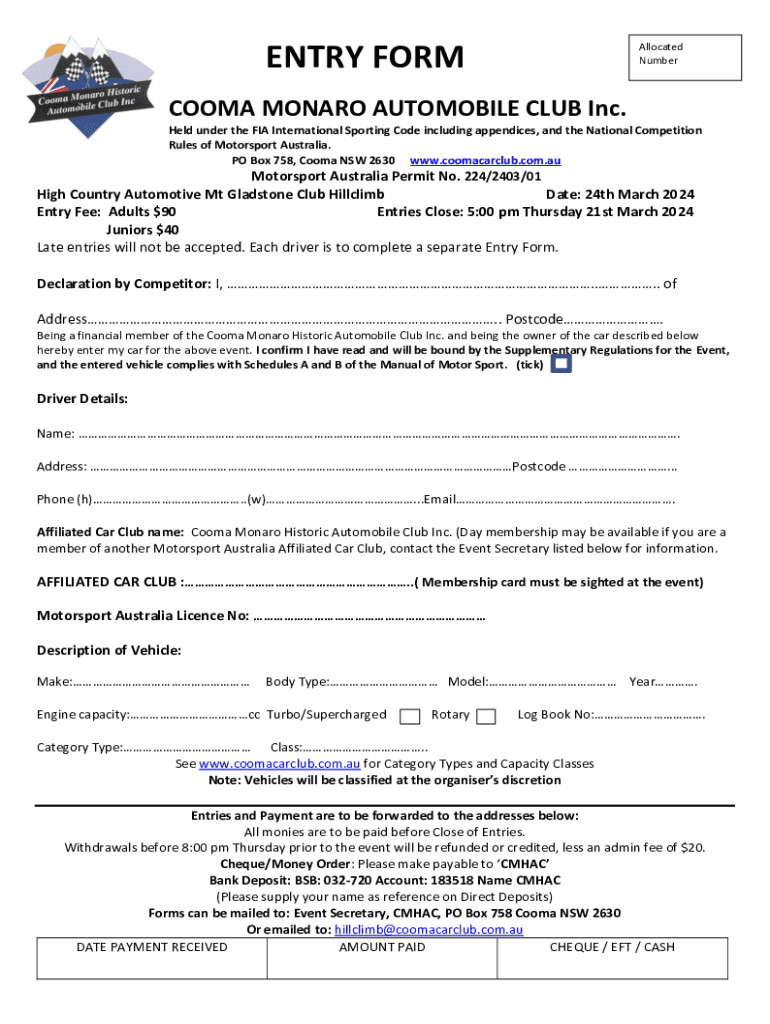 Fillable Online Fillable Online ENTRY FORM Office use only To be held under ... Fax Email Print ...