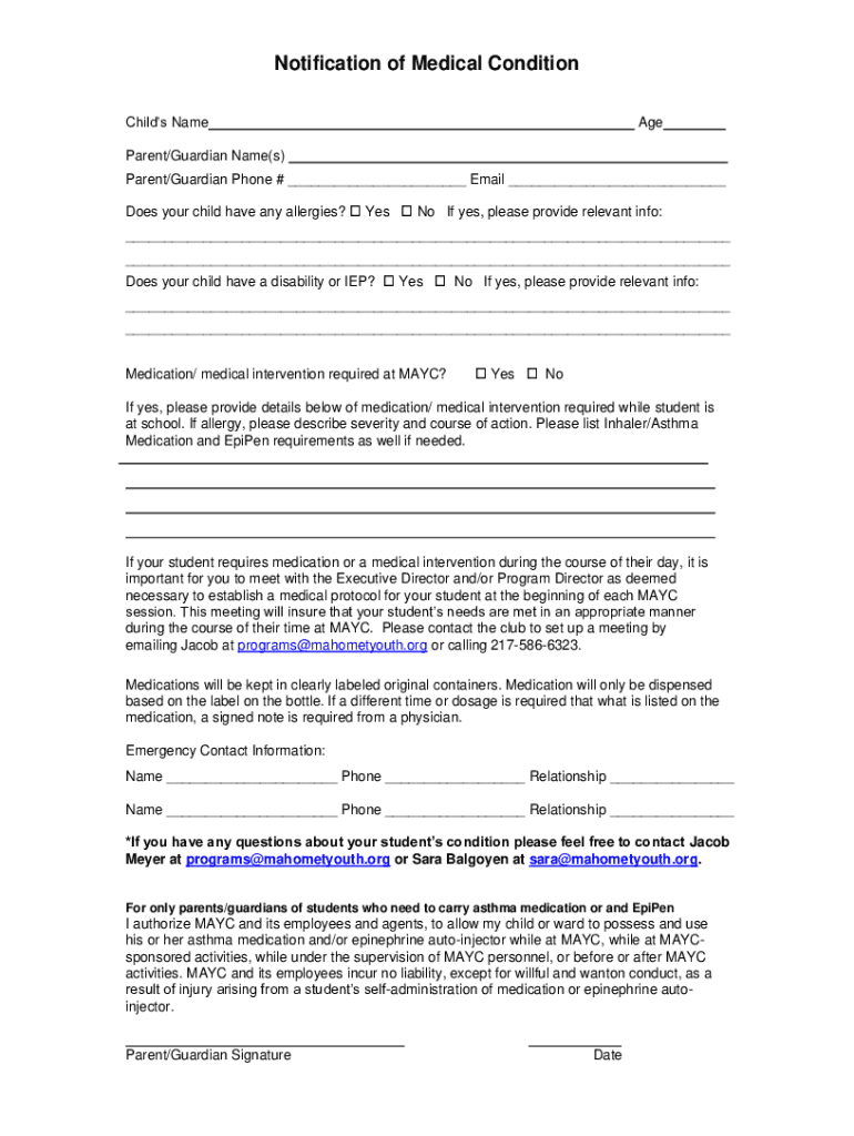Fillable Online Notification of Medical Condition Fax Email Print ...