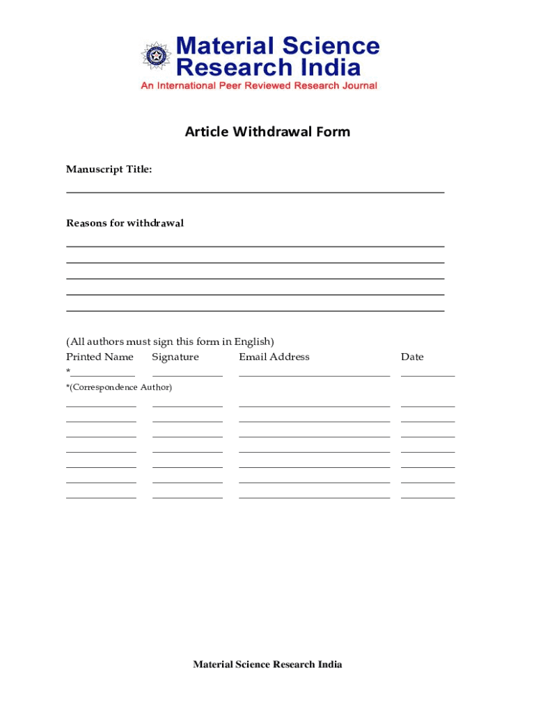 Fillable Online Article Withdrawal Form Fax Email Print - pdfFiller