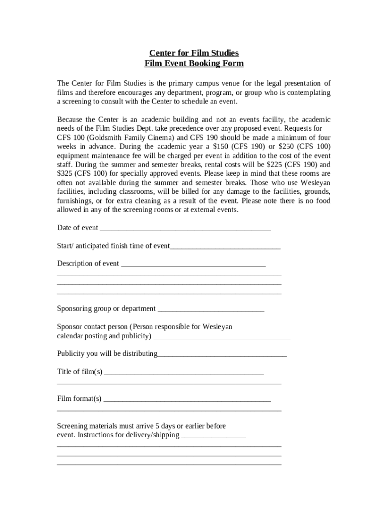 Center for Film Studies Film Event Booking Doc Template | pdfFiller